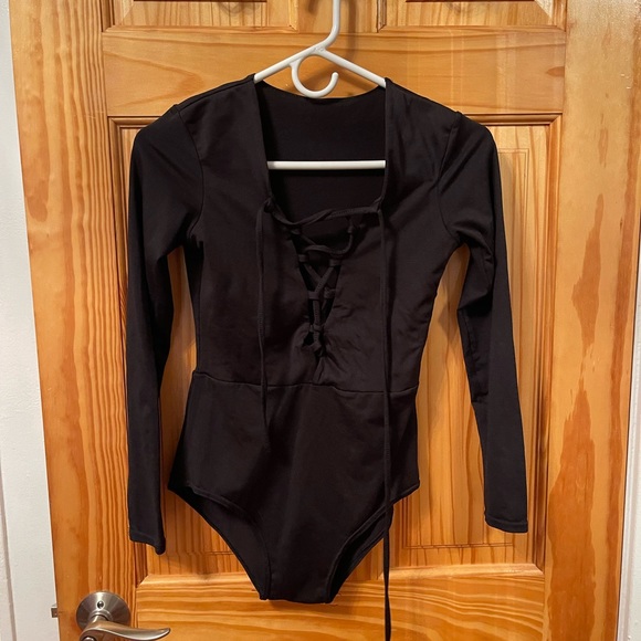 Tops | Black Bodysuit With Corset Opening In Front | Poshmark